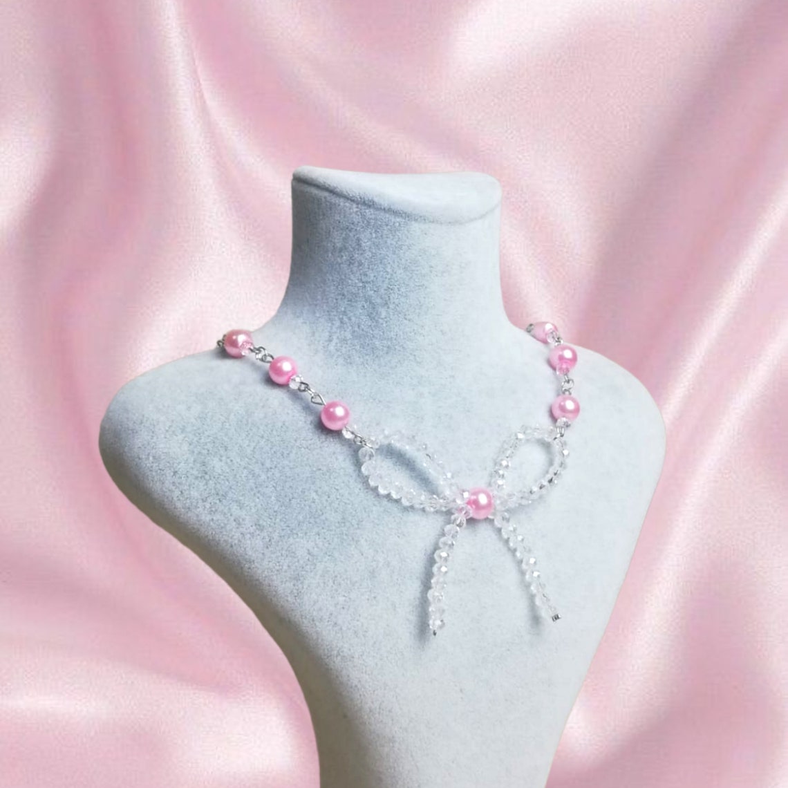 Y2K Bow Pearls Beaded Necklace, Cute Pink Necklace With Hearts ...
