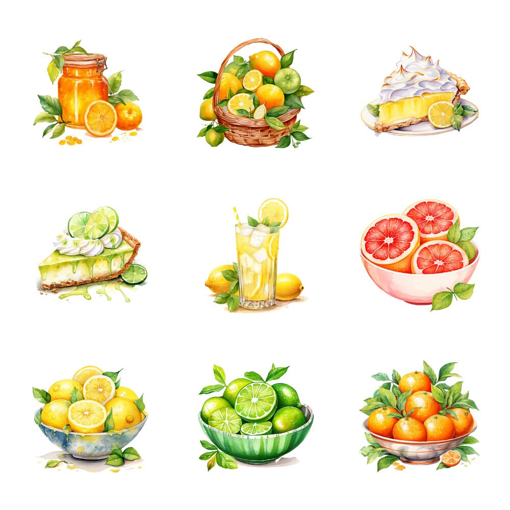 Watercolor Citrus Clipart Fruit Clipart Citrus Graphics Lemon - Etsy