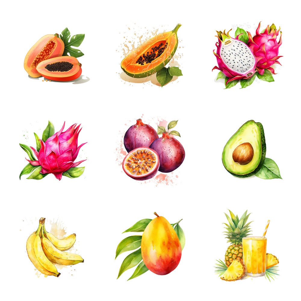 Watercolor Tropical Fruit Clipart Bundle Pineapple Png - Etsy
