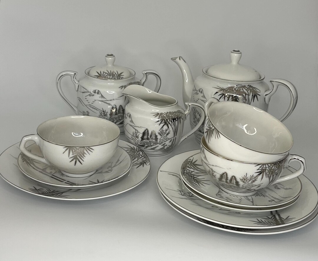 Vintage Kutani Japan Japanese Tea Set Hand Painted Mount Fuji Silver ...