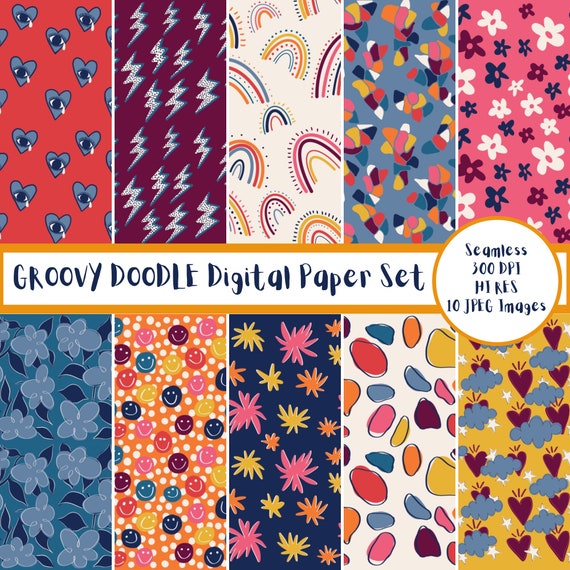 GROOVY DOODLE Digital Paper Set Seamless Textures Colorful - Etsy