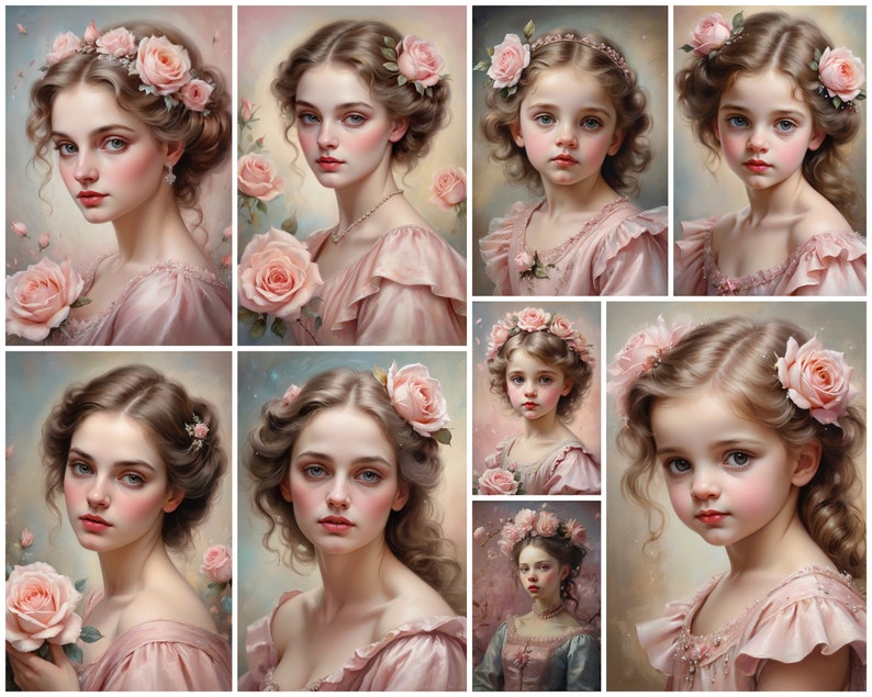 Half Rococo Portraits in Pink 9 Files Instant Downloads. Printable Tags ...