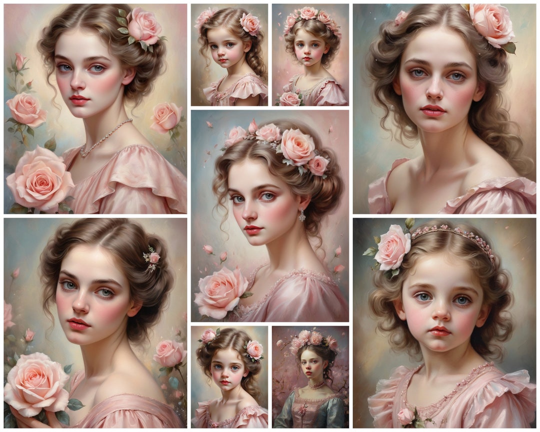 Half Rococo Portraits in Pink 9 Files Instant Downloads. Printable Tags ...