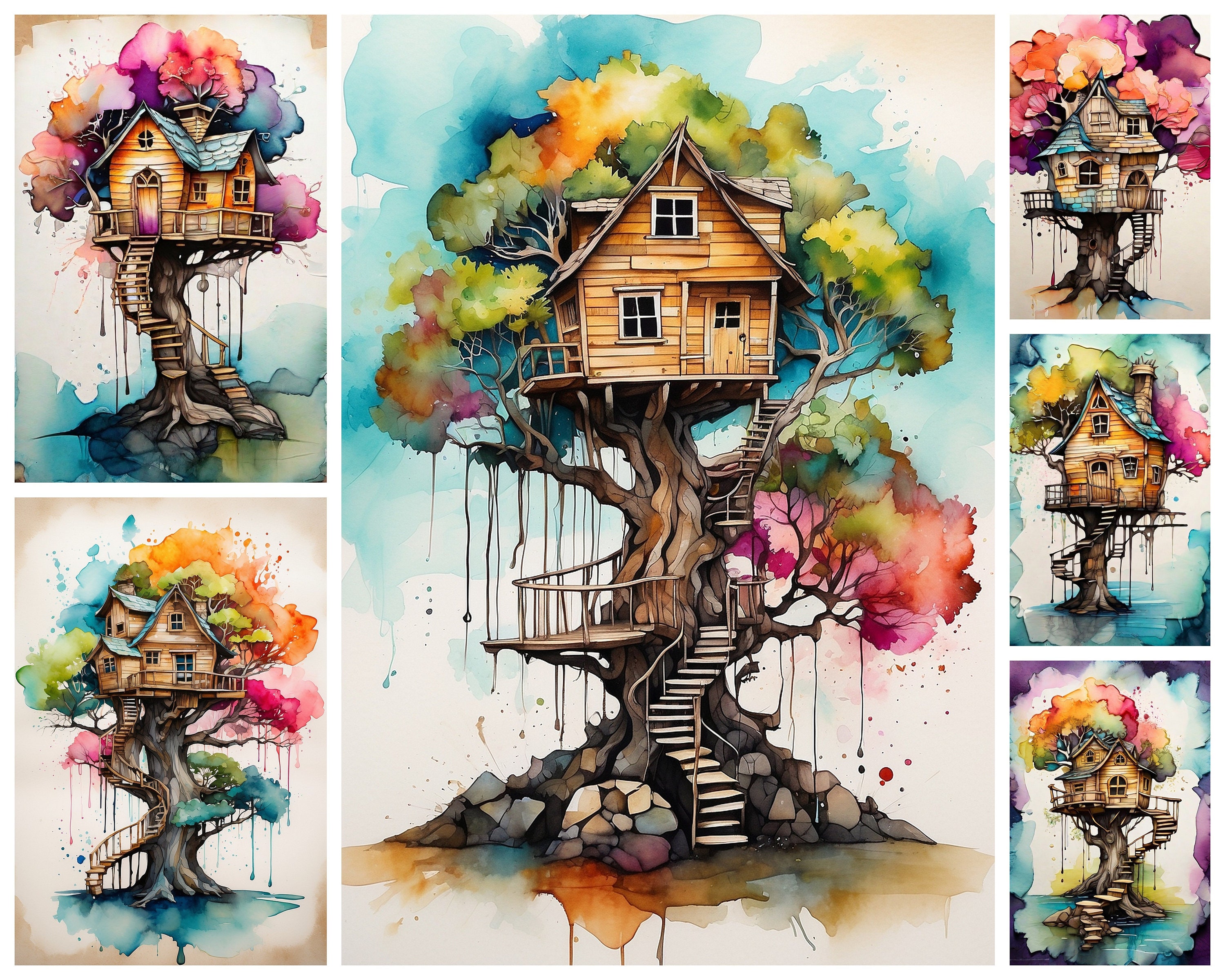 Tree Houses Watercolour 12 Files Instant Downloads. Printable Tags ...