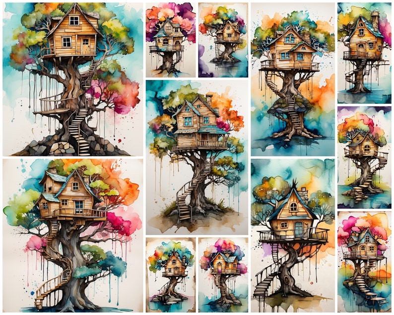 Tree Houses Watercolour 12 Files Instant Downloads. Printable Tags ...