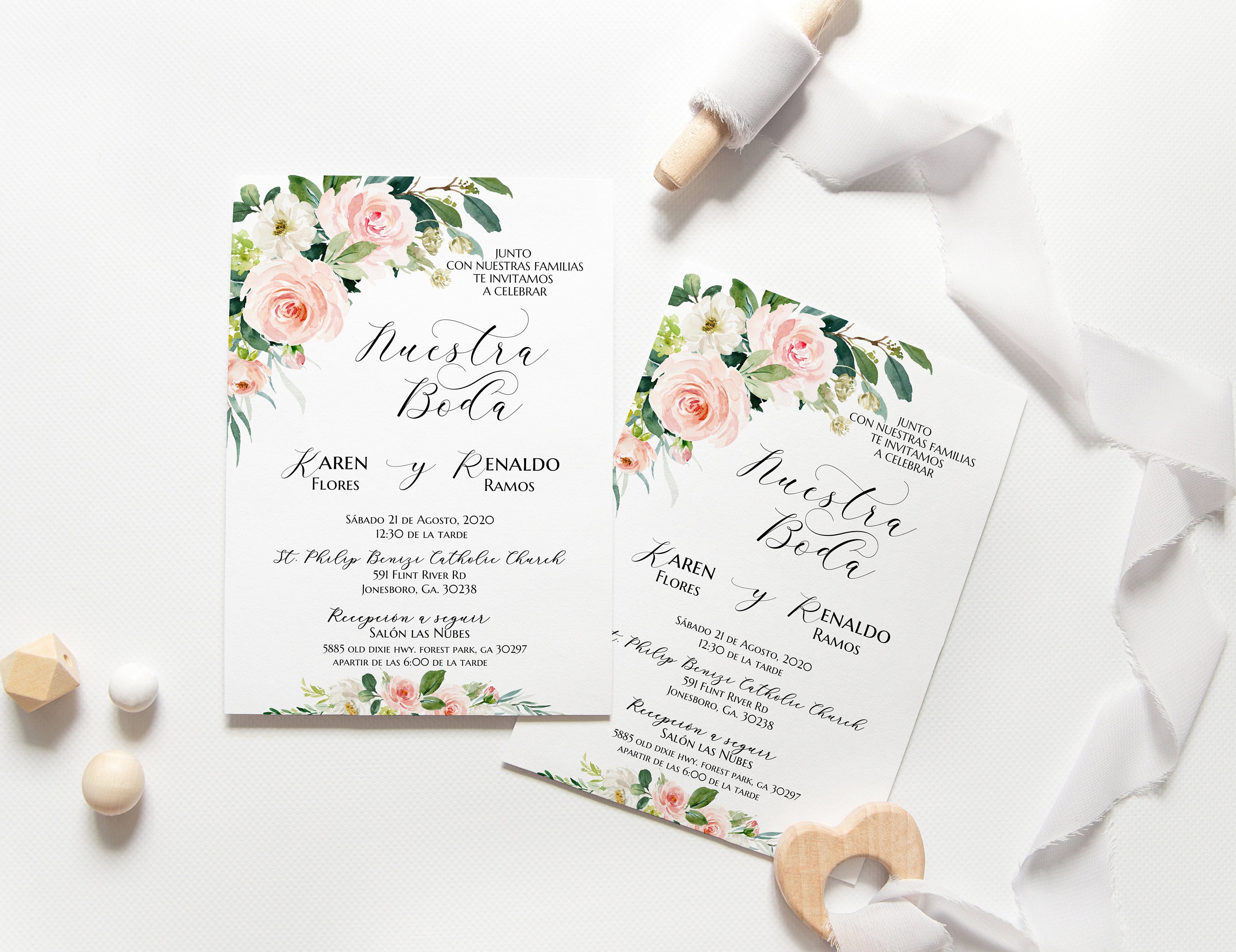 Spanish Wedding Invitations Set Pink Floral Spanish Wedding Pack De ...