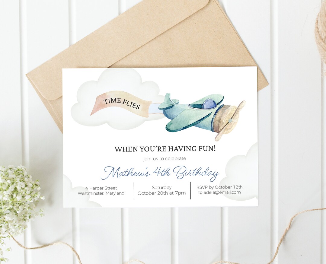 Airplane Birthday Party Invitation, Editable Boy Time Flies Birthday ...
