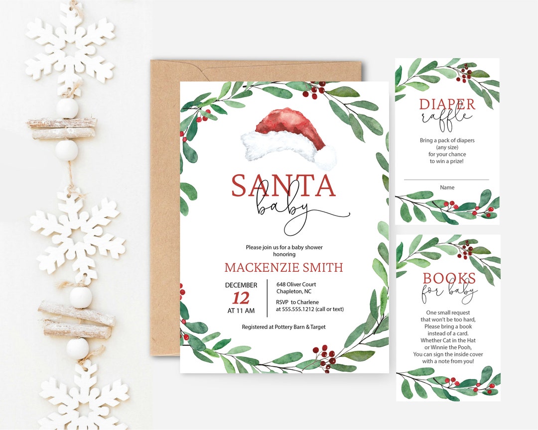 Digital Santa Baby Shower Invitation Bundle, Winter Baby Shower Invite ...
