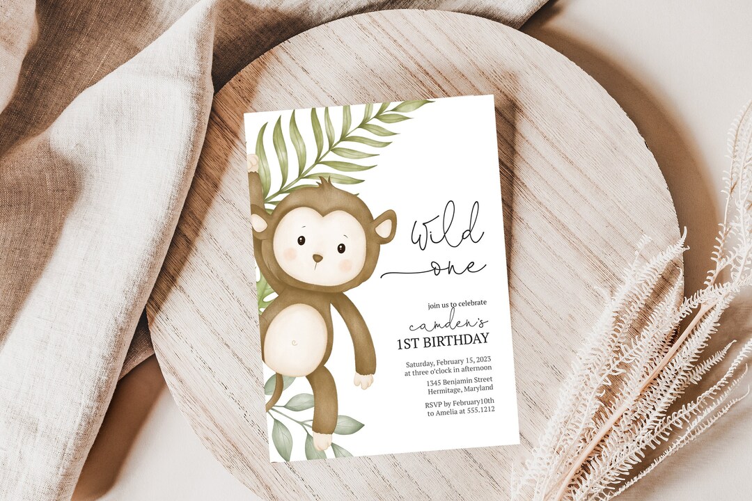 Monkey First Birthday Party Invitation, Editable Wild One First ...