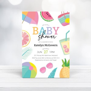 Summer Baby Shower Invitation Bundle, Editable Gender Neutral Pool ...