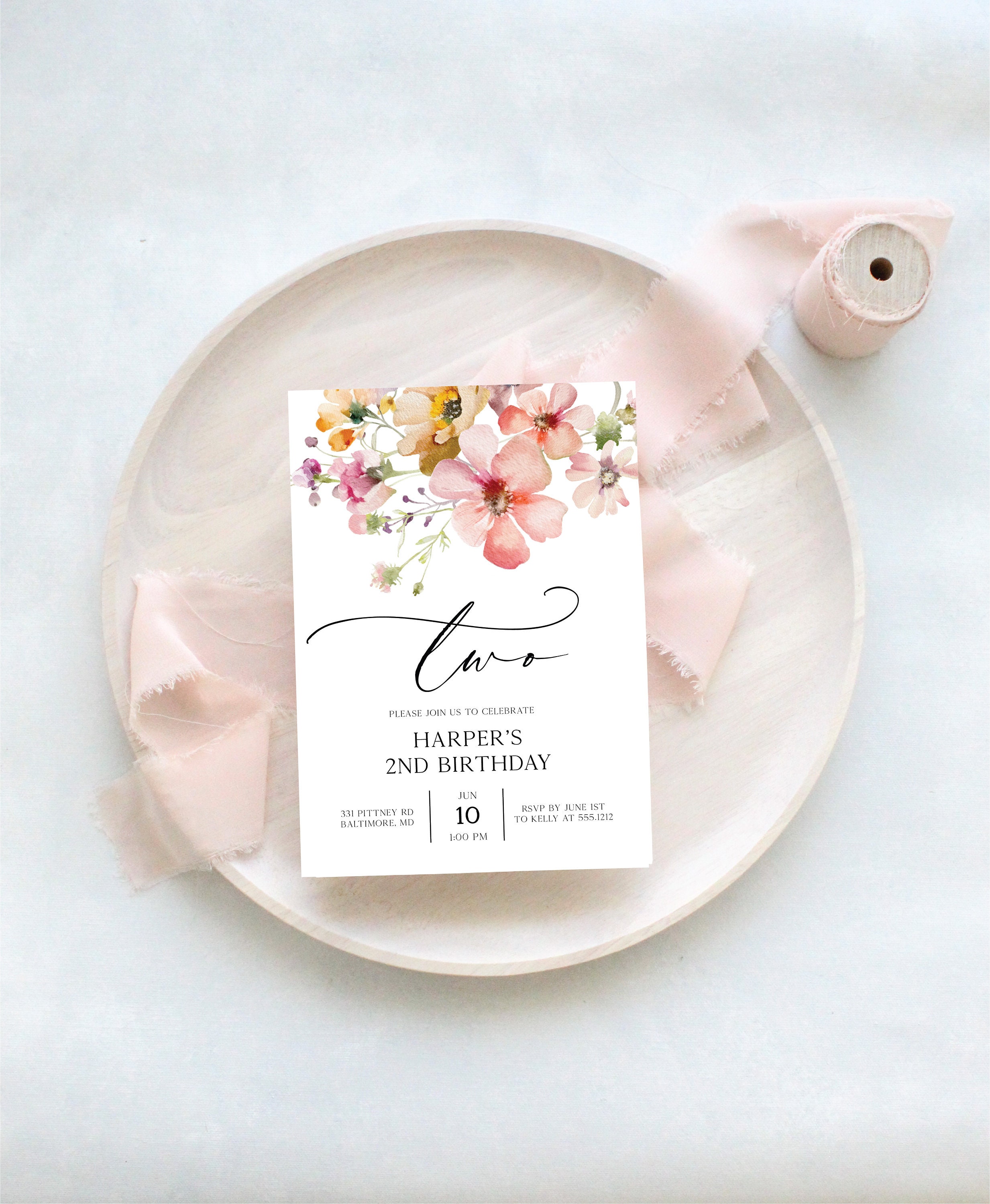 Second Birthday Party Invitation, Girl 2nd Birthday Digital Invitation ...