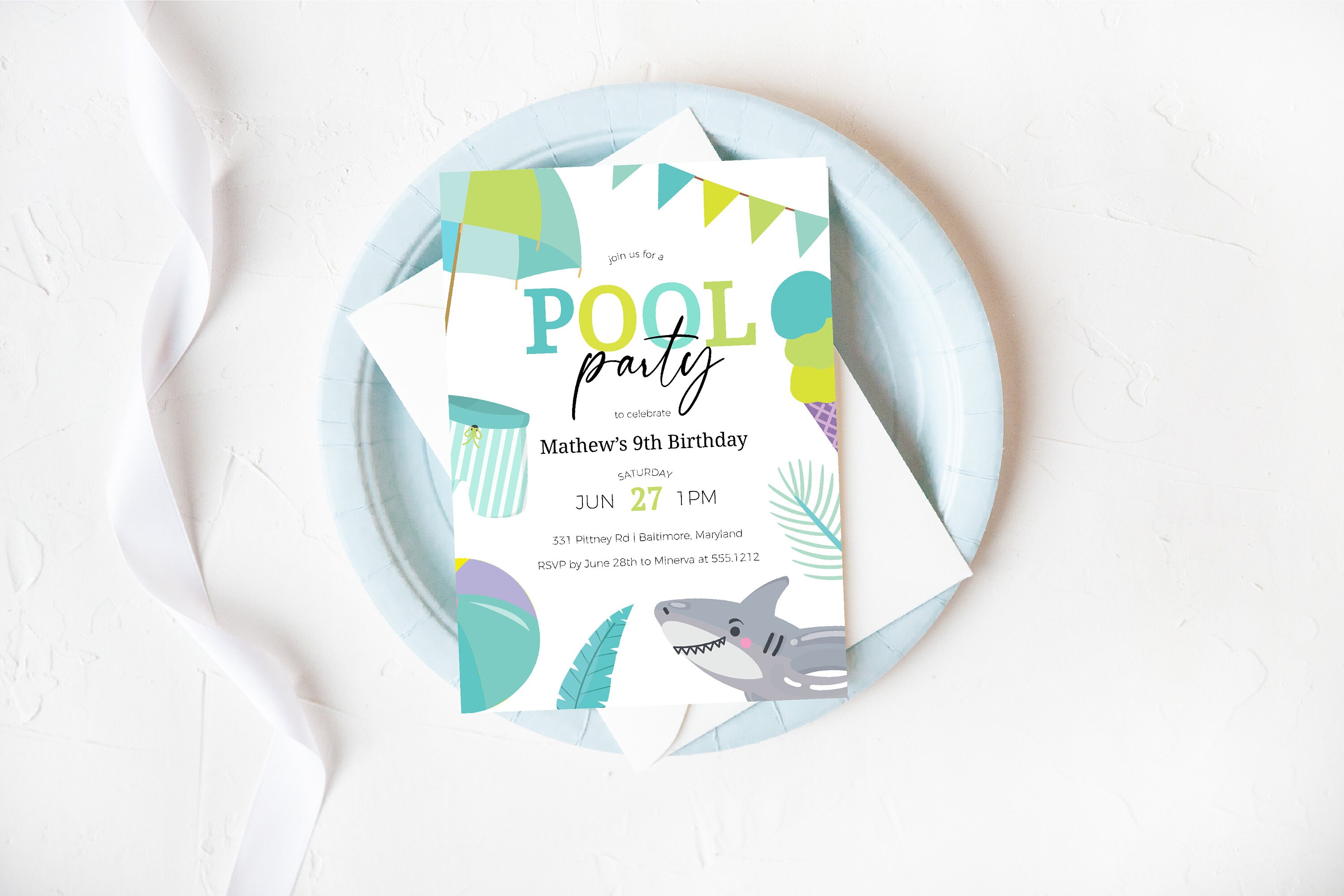 Boy Pool Party Invitation, Editable Shark Pool Party Birthday Invite ...