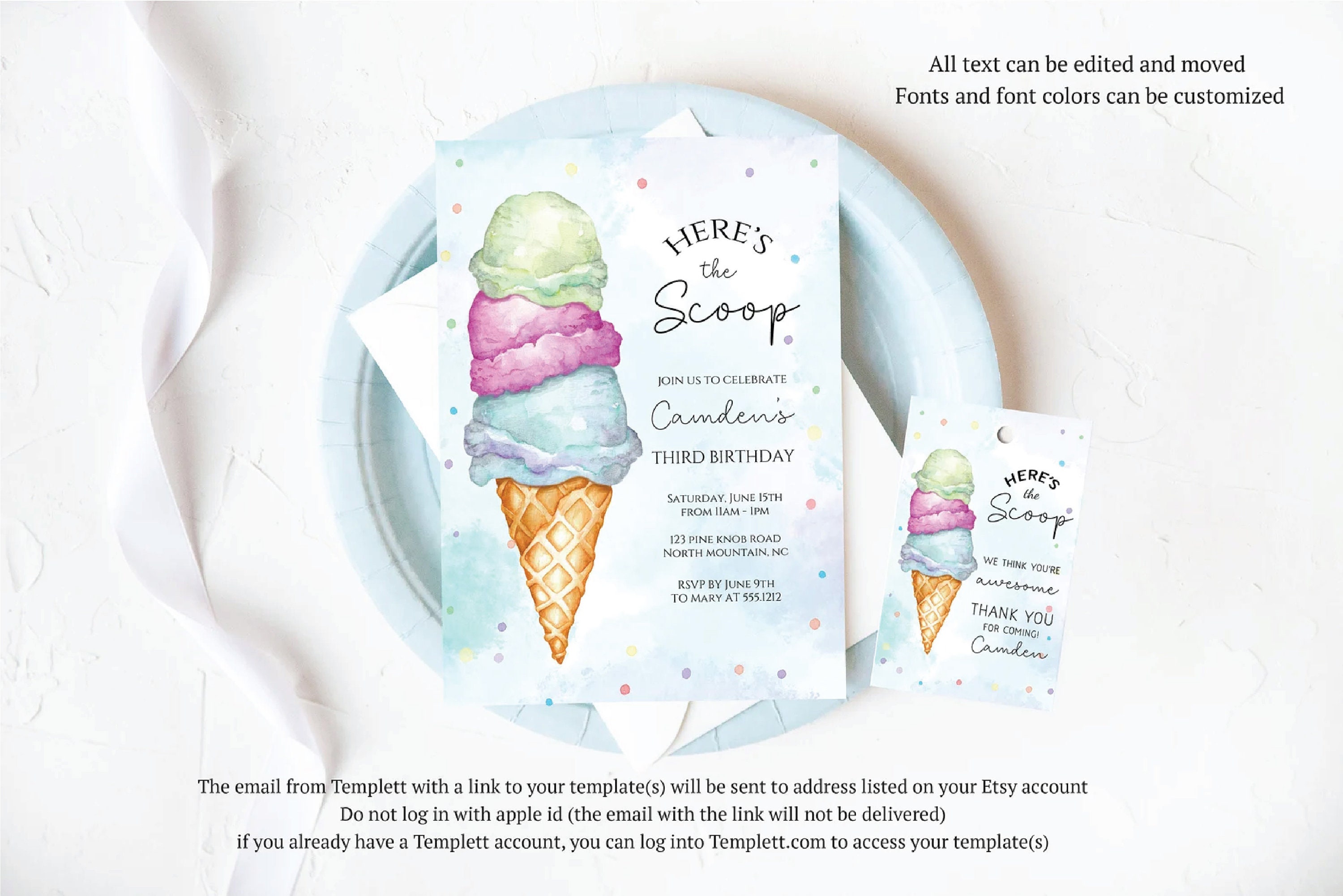 Boy Ice Cream Birthday Party Invitation, Ice Cream Invite, Editable Ice ...