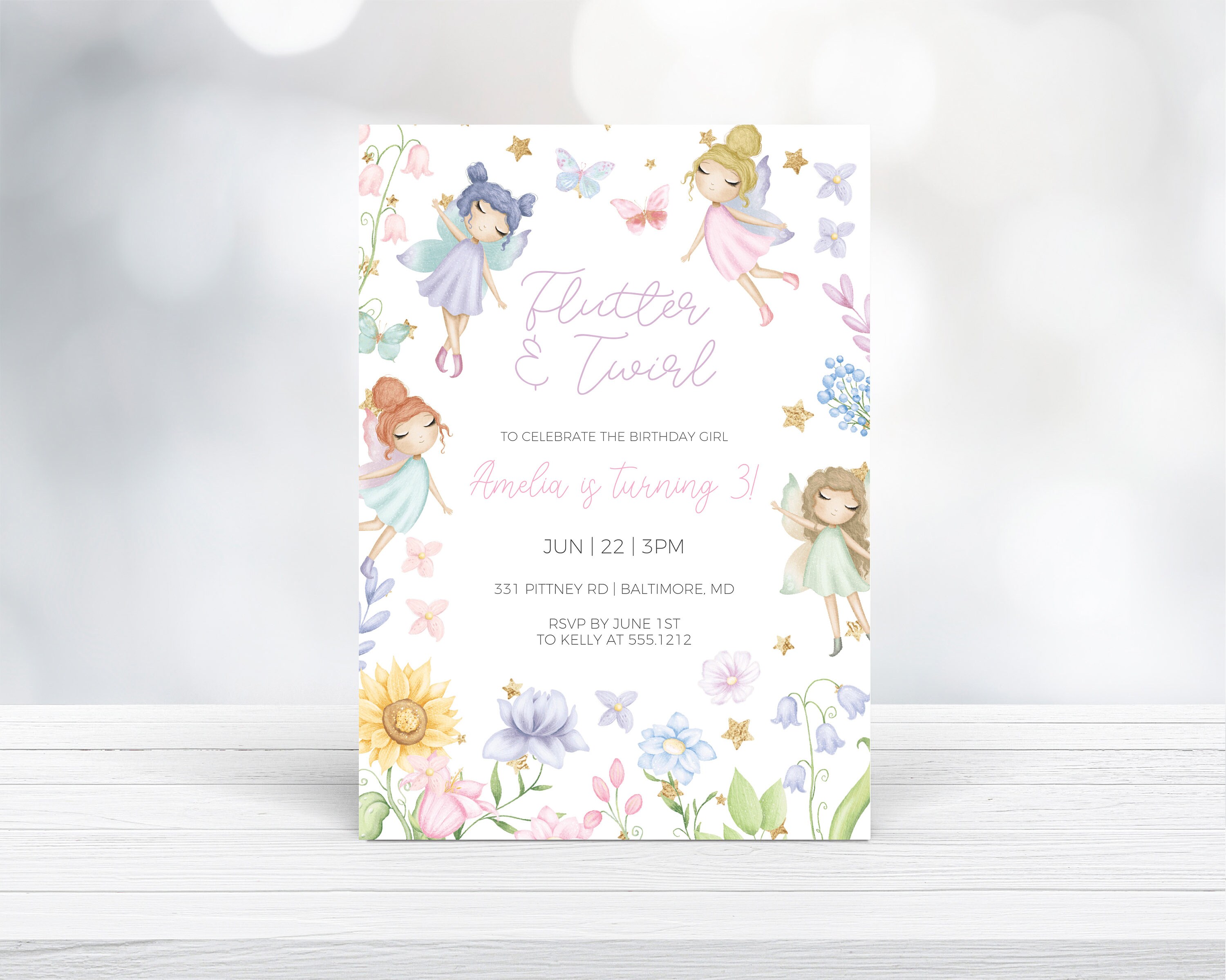 Fairy Birthday Party Invitation, Flutter and Twirl Fairy Birthday Party ...