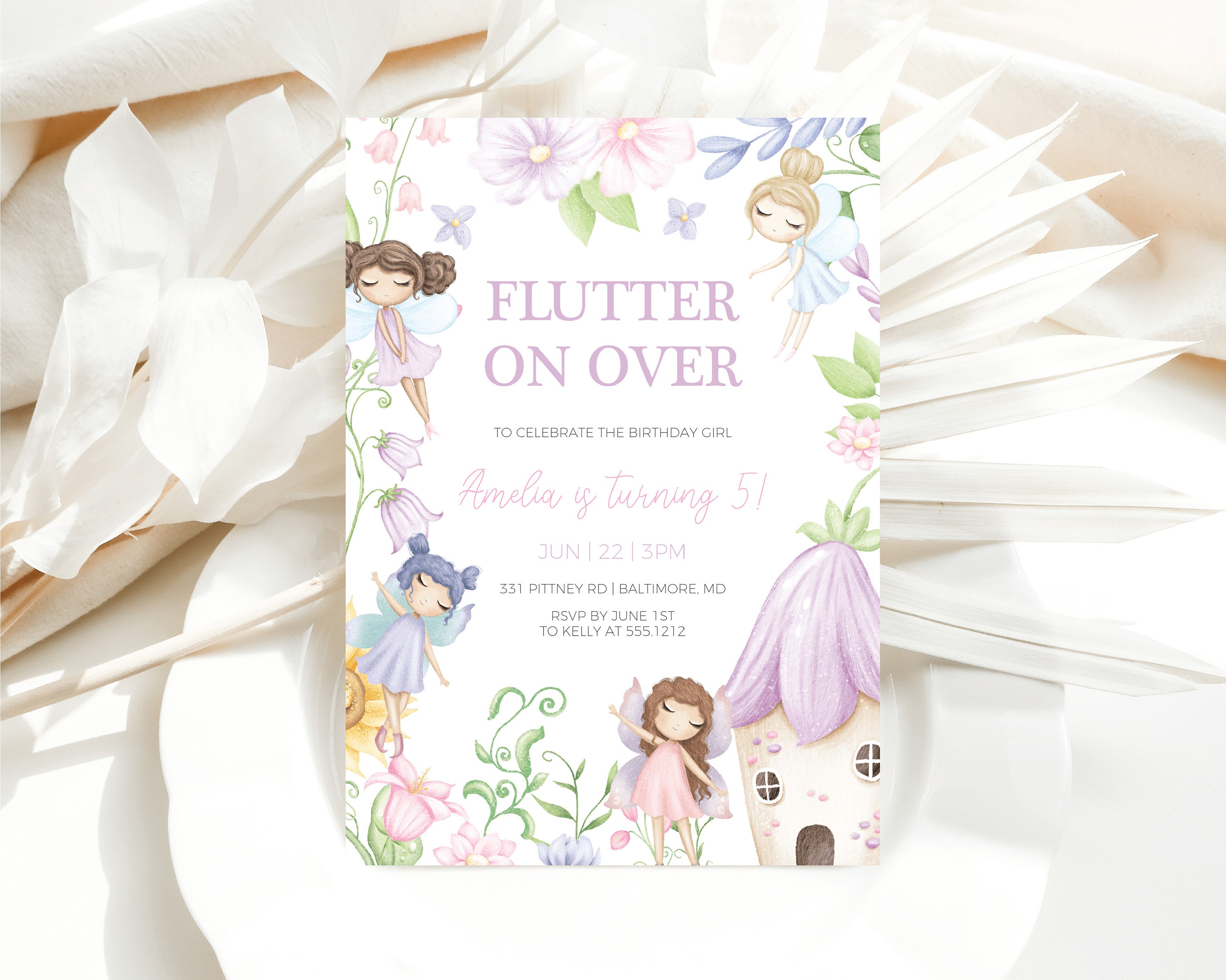 Fairy Birthday Party Invitation, Flutter and Twirl Fairy Birthday Party ...
