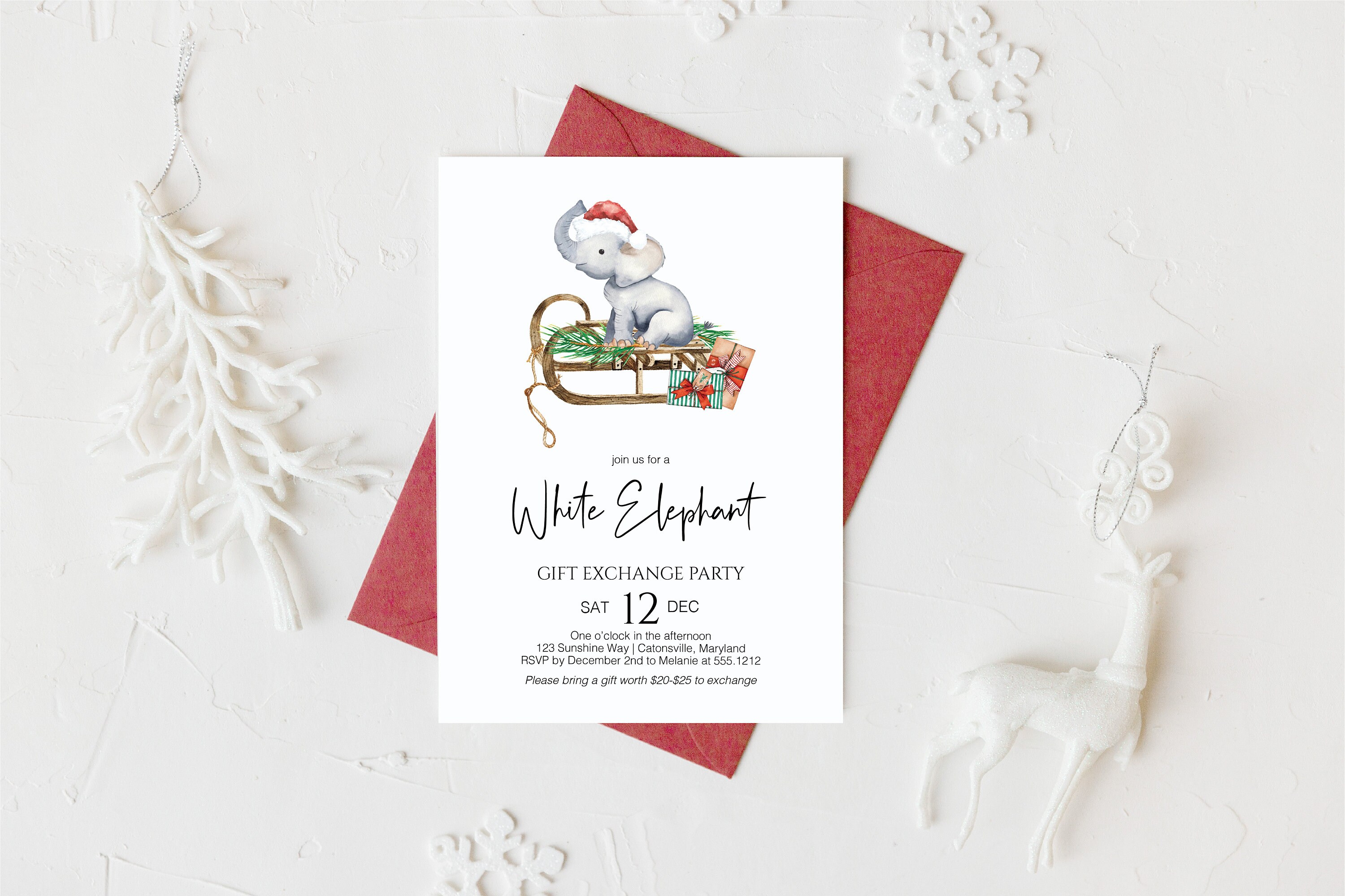 White Elephant Invitation, Holiday Gift Exchange Invite, White Elephant ...