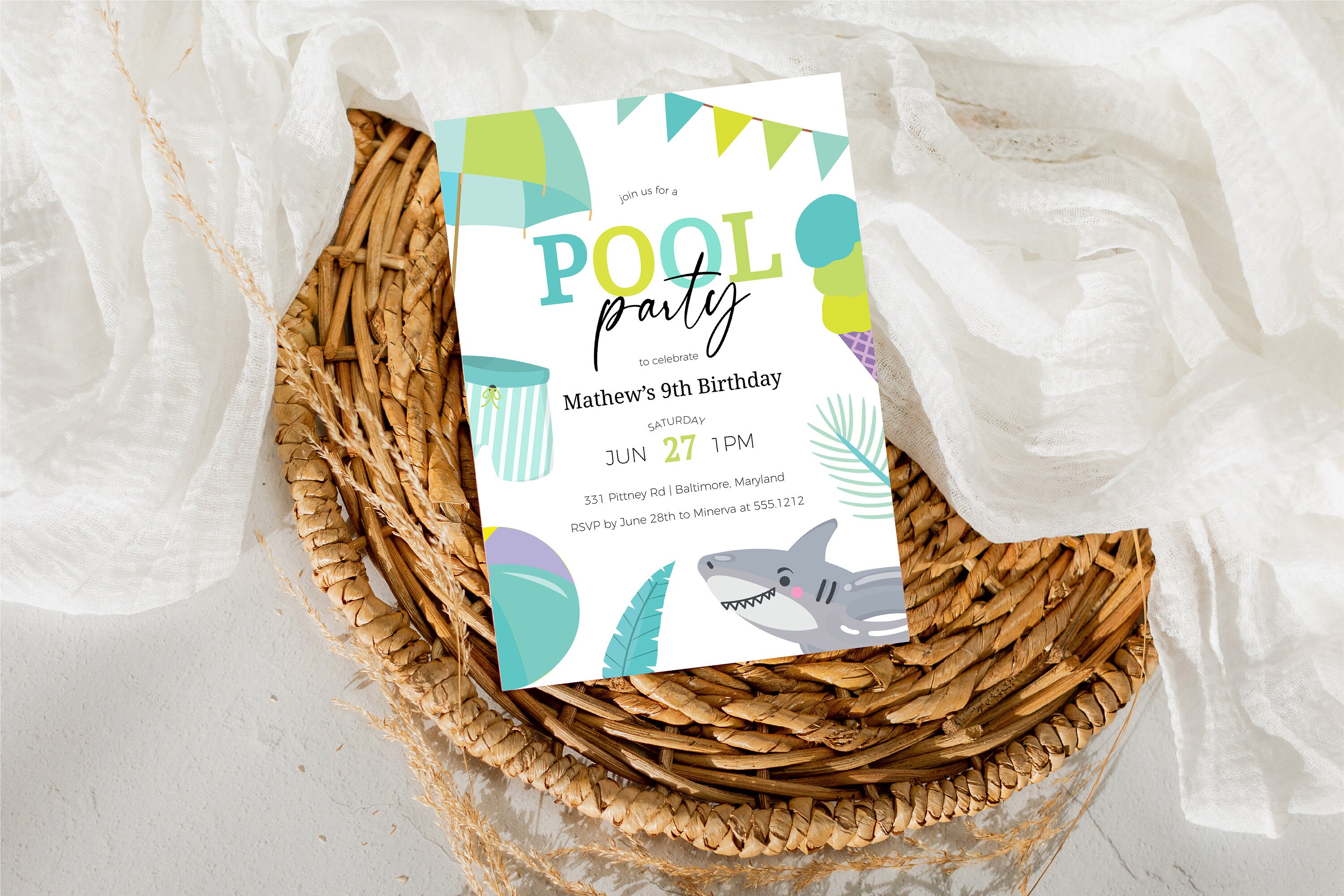Boy Pool Party Invitation, Editable Shark Pool Party Birthday Invite ...