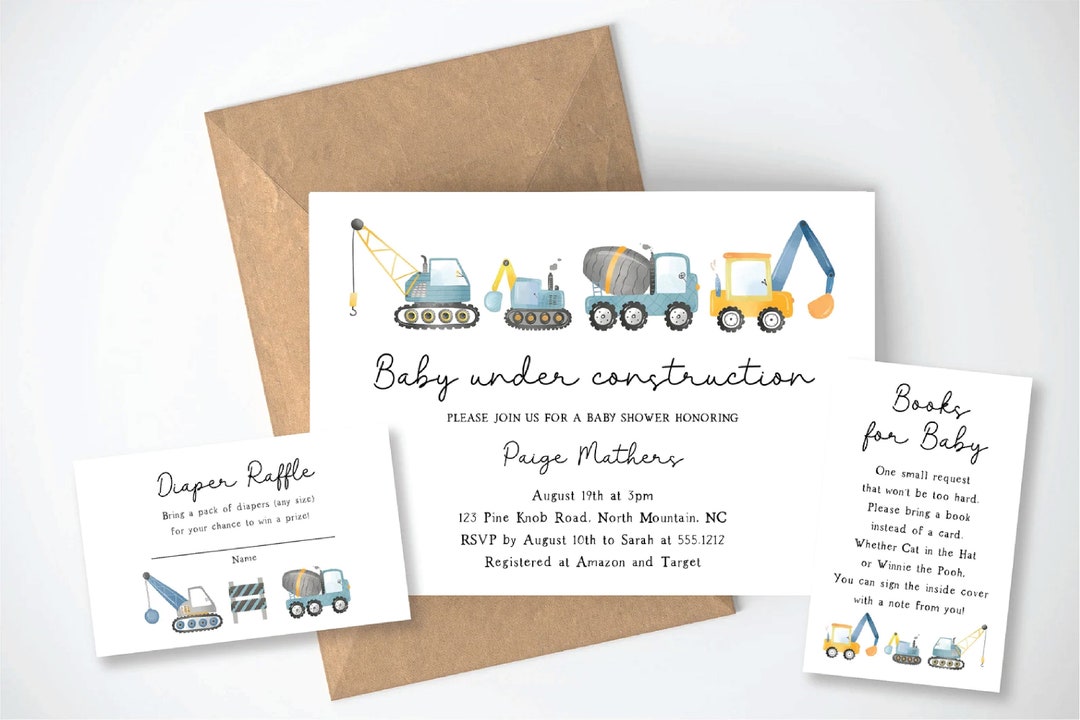 Construction Baby Shower Invitation Bundle, Editable Boy Baby Shower ...