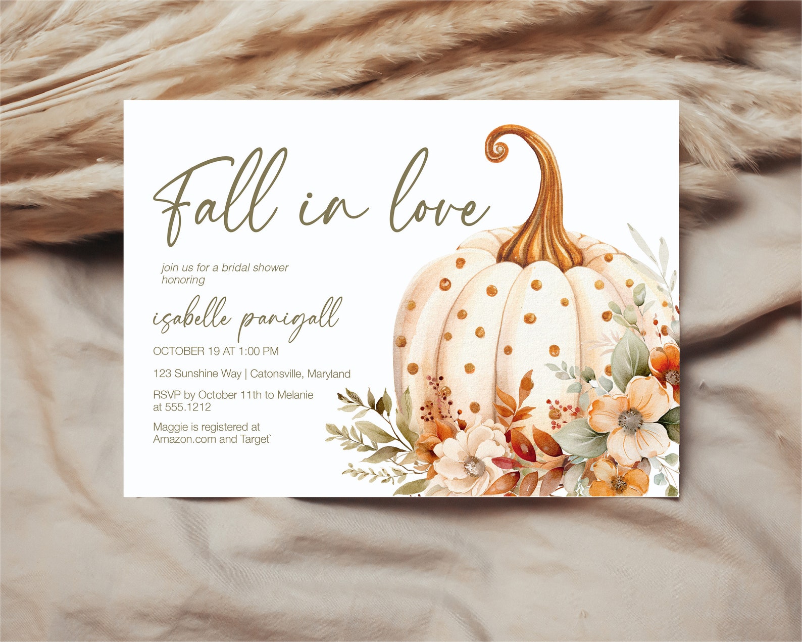 Fall in Love Bridal Shower Invitation, Editable Pumpkin Bridal Shower ...