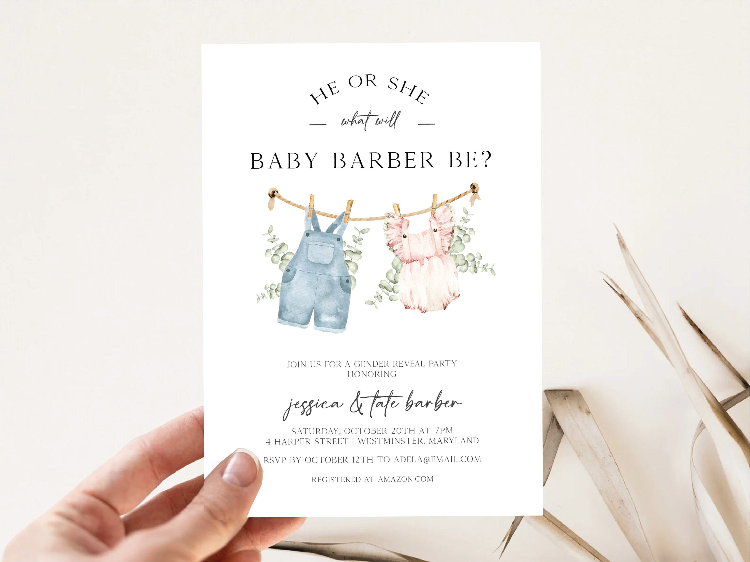 Clothesline Gender Reveal Invitation, Editable Minimalist Gender Reveal ...