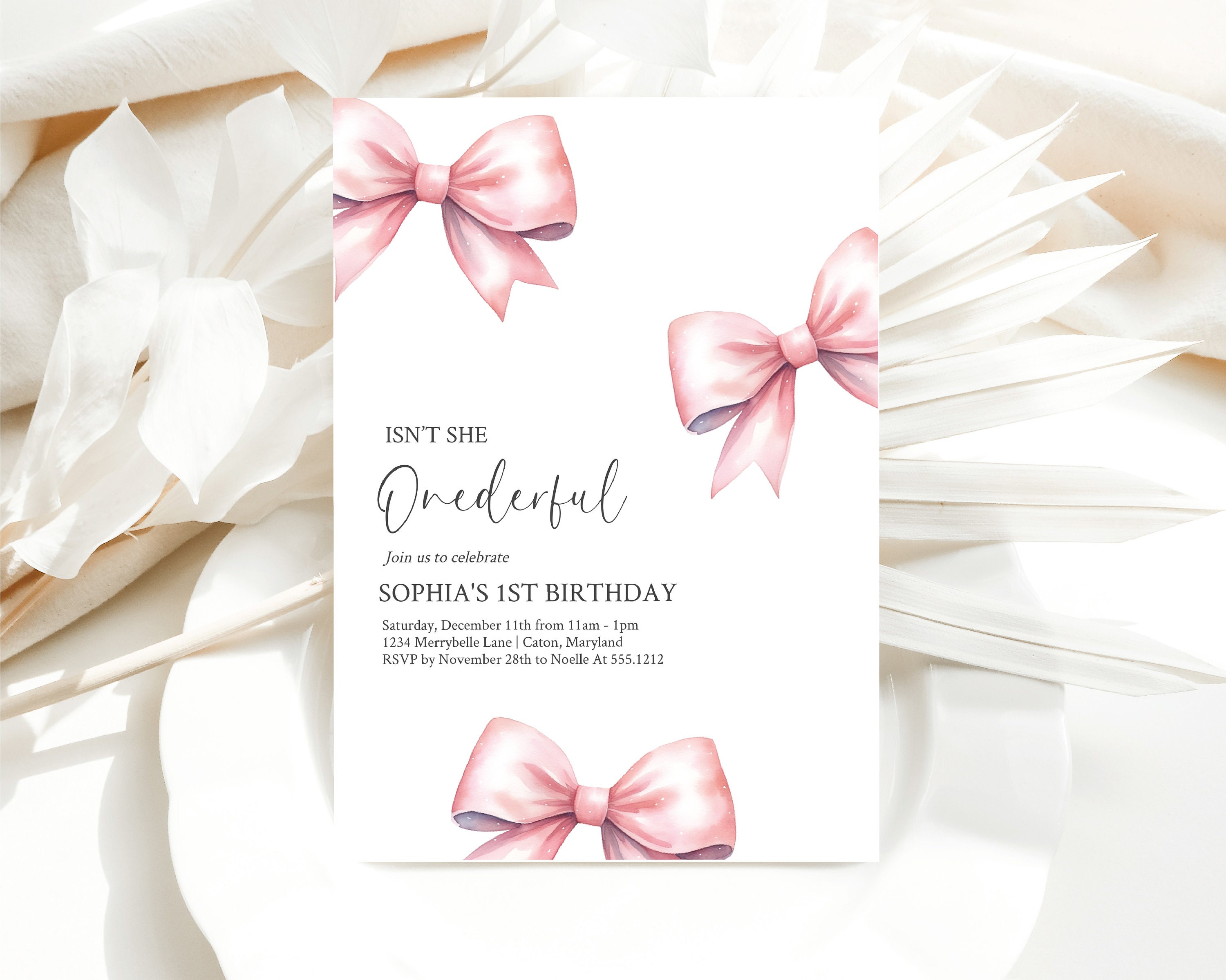 Girl Onedeful Birthday Party Invitation, Editable Pink Bow Birthday ...