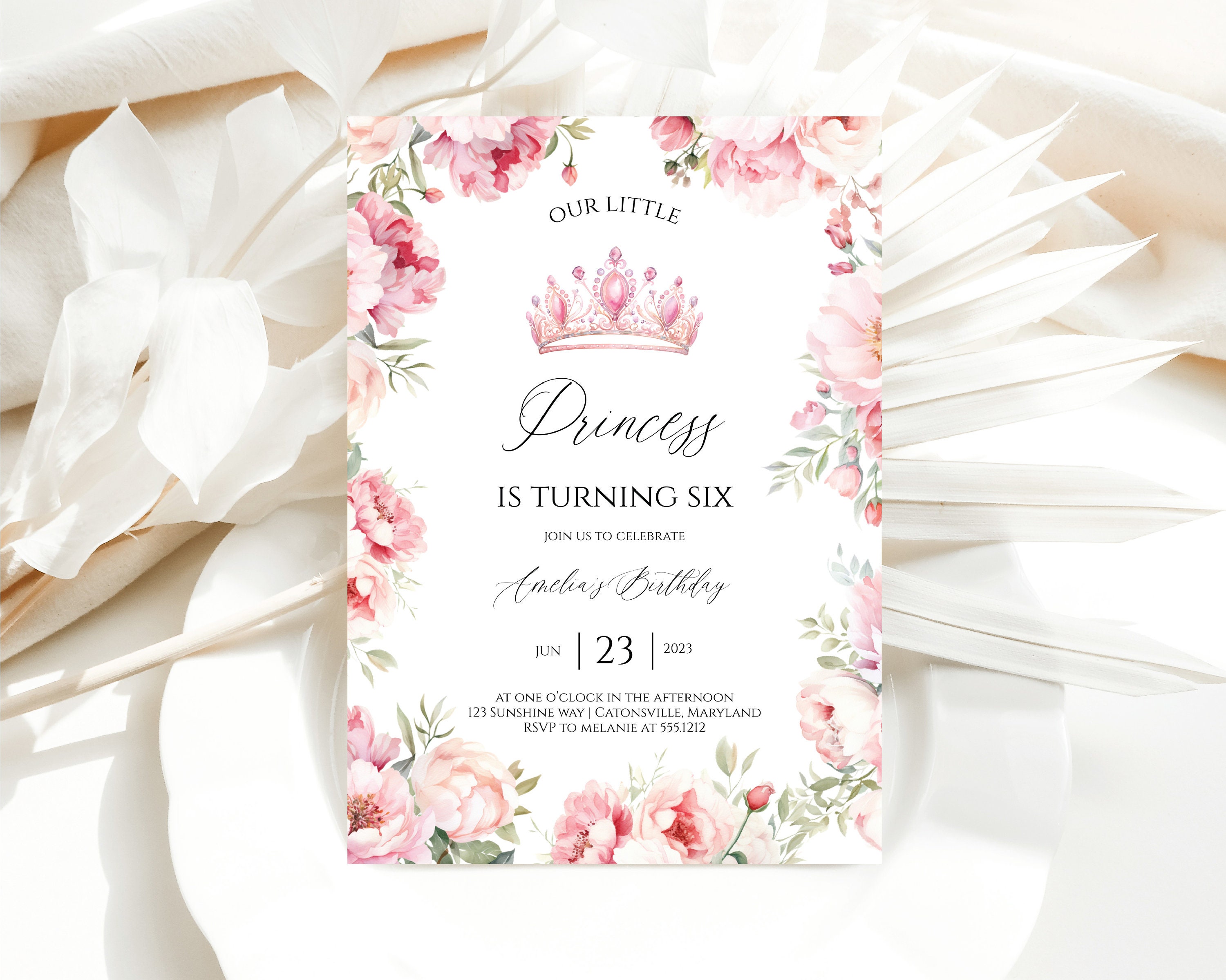 Princess Birthday Party Invitation, Floral Pink Princess Birthday Party ...