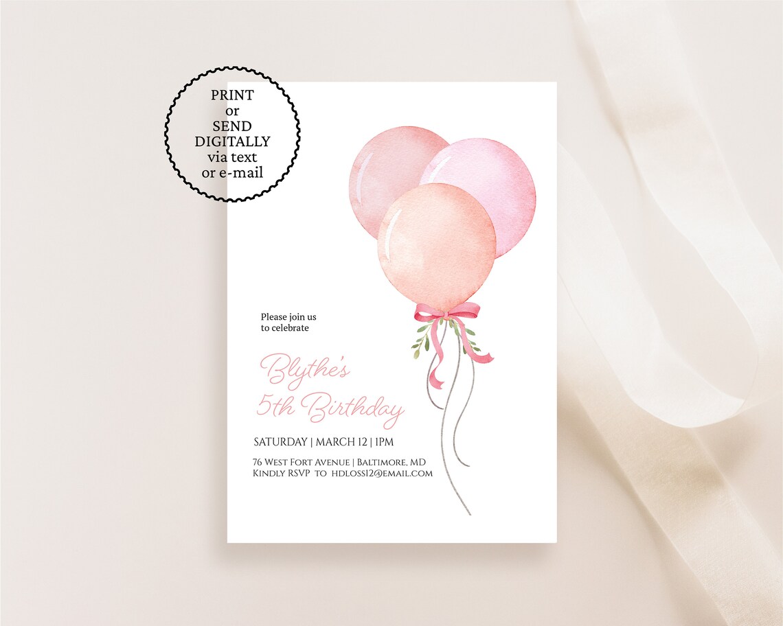 Pink Balloon Birthday Party Invitation, Girl Balloon Digital Invitation ...