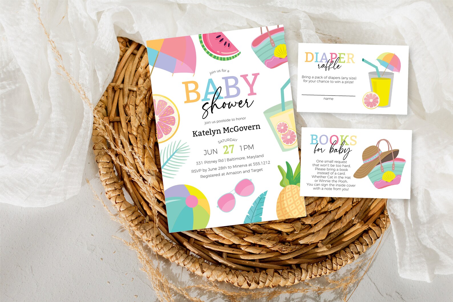 Summer Baby Shower Invitation Bundle, Editable Gender Neutral Pool ...