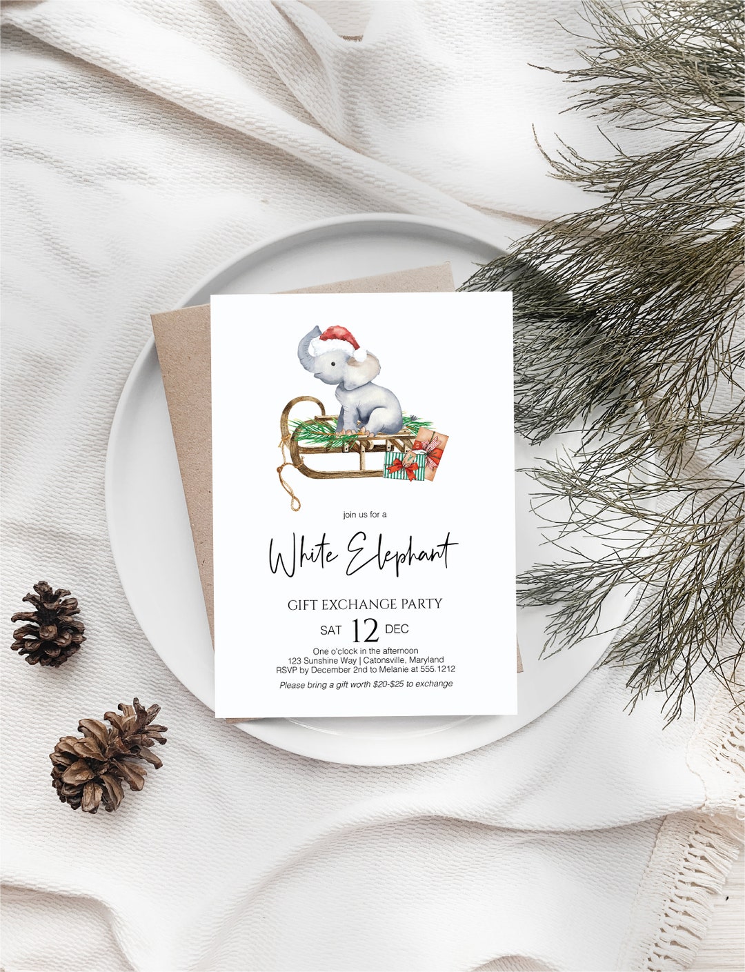 White Elephant Invitation, Holiday Gift Exchange Invite, White Elephant ...
