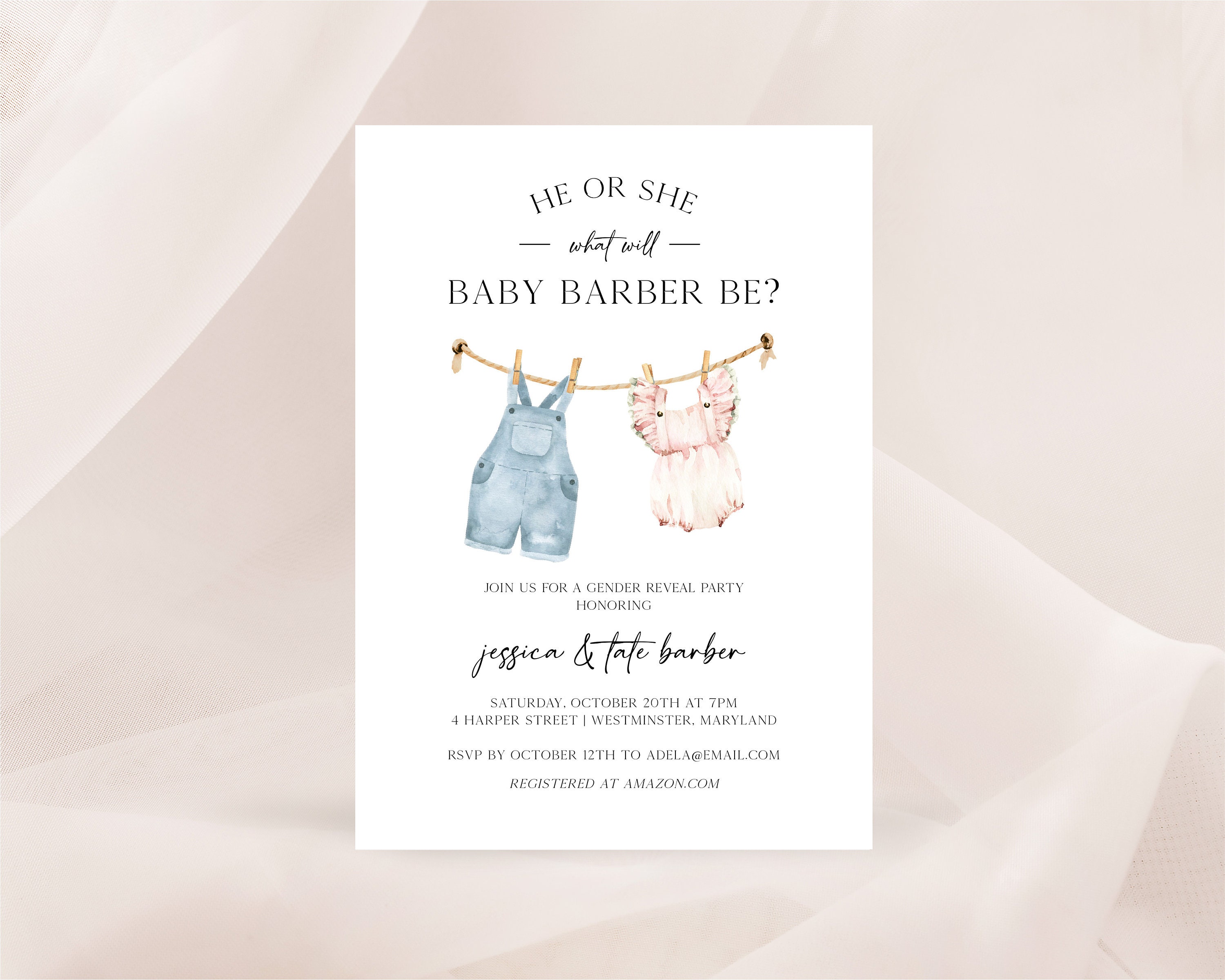 Clothesline Gender Reveal Invitation, Editable Minimalist Gender Reveal ...