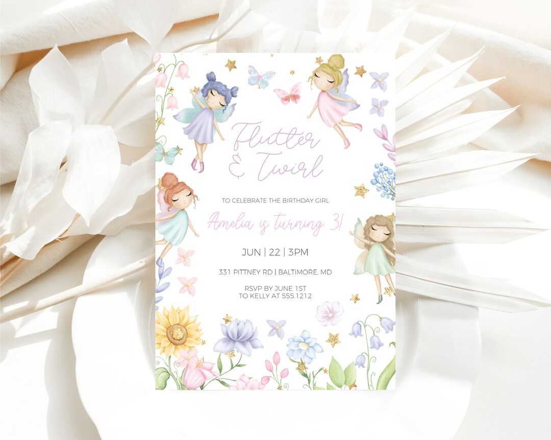 Fairy Birthday Party Invitation, Flutter and Twirl Fairy Birthday Party ...