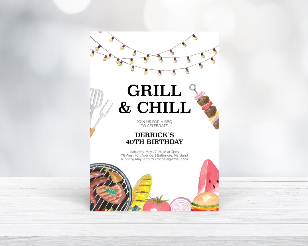 Grill and Chill Birthday Party Invitation Template, BBQ Birthday Party ...