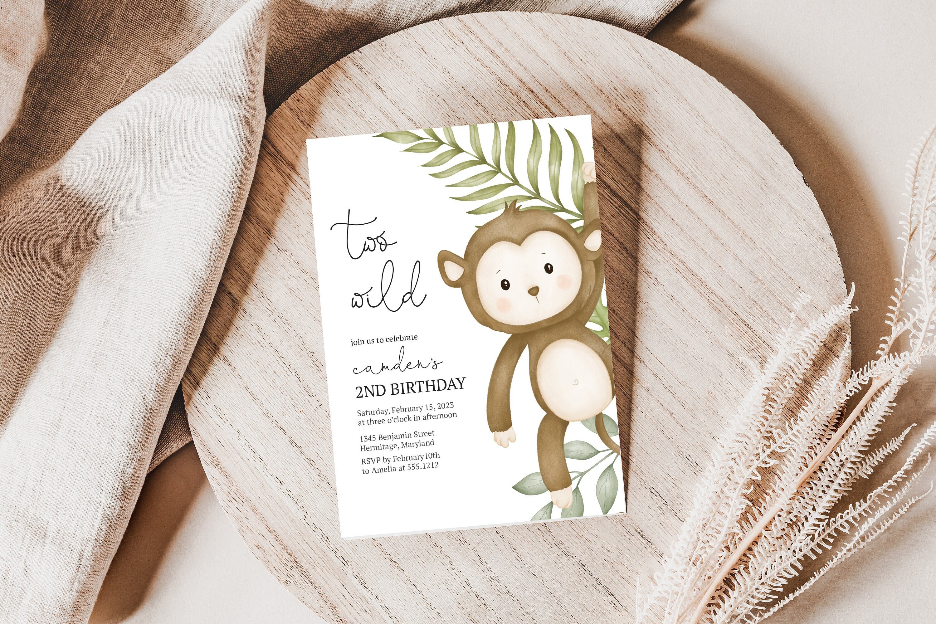 Monkey Birthday Party Invitation Editable Two Wild First - Etsy