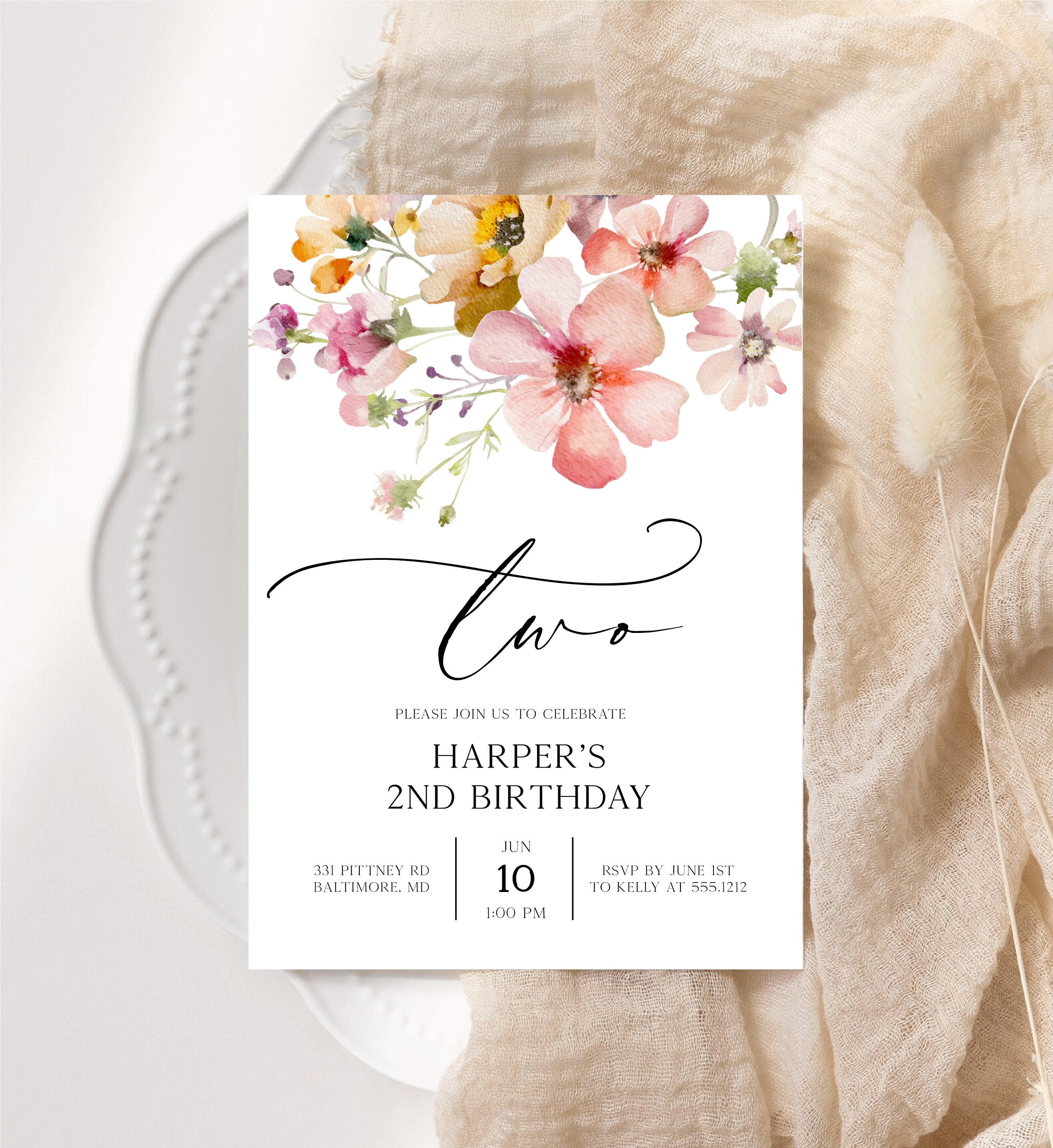 Second Birthday Party Invitation, Girl 2nd Birthday Digital Invitation ...