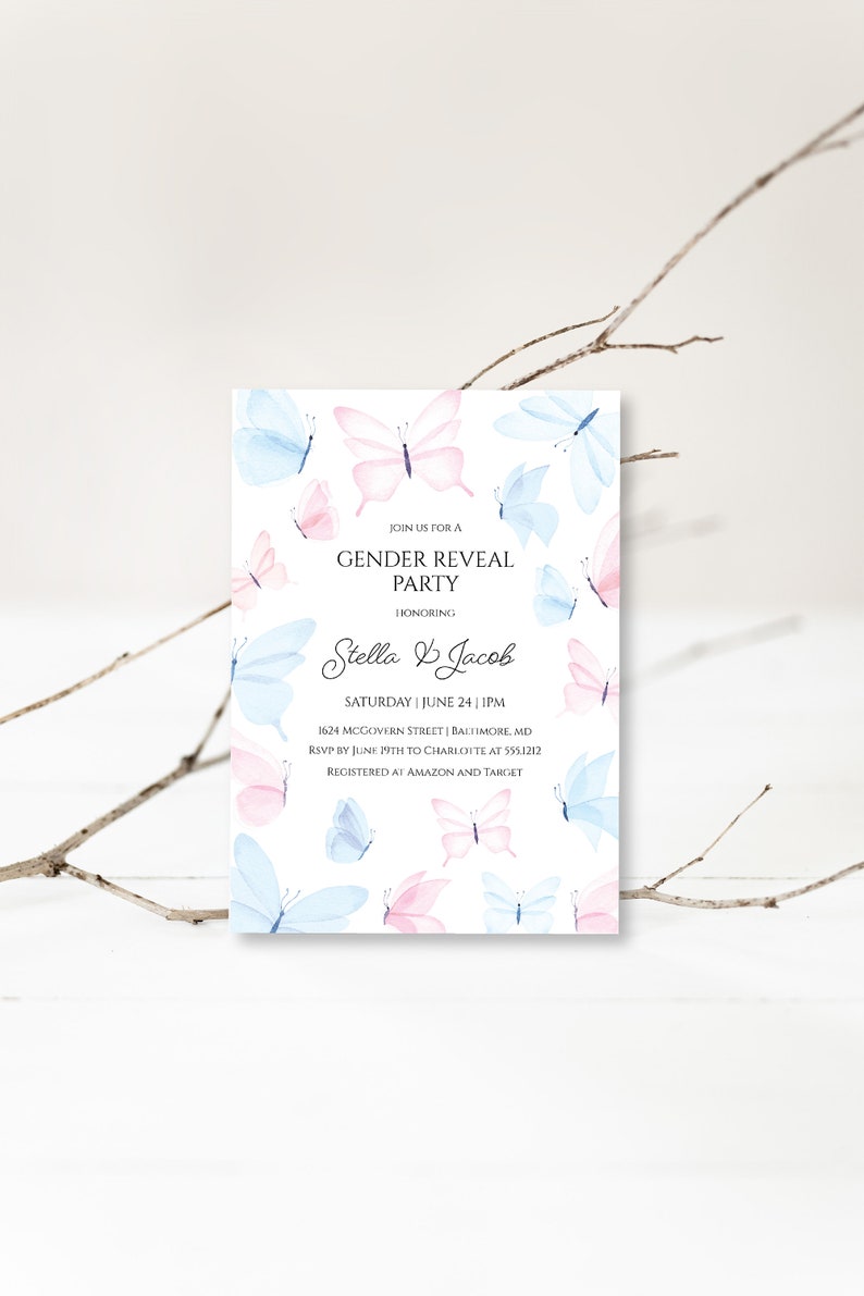 Butterfly Gender Reveal Invitation, Editable Minimalist Gender Reveal ...