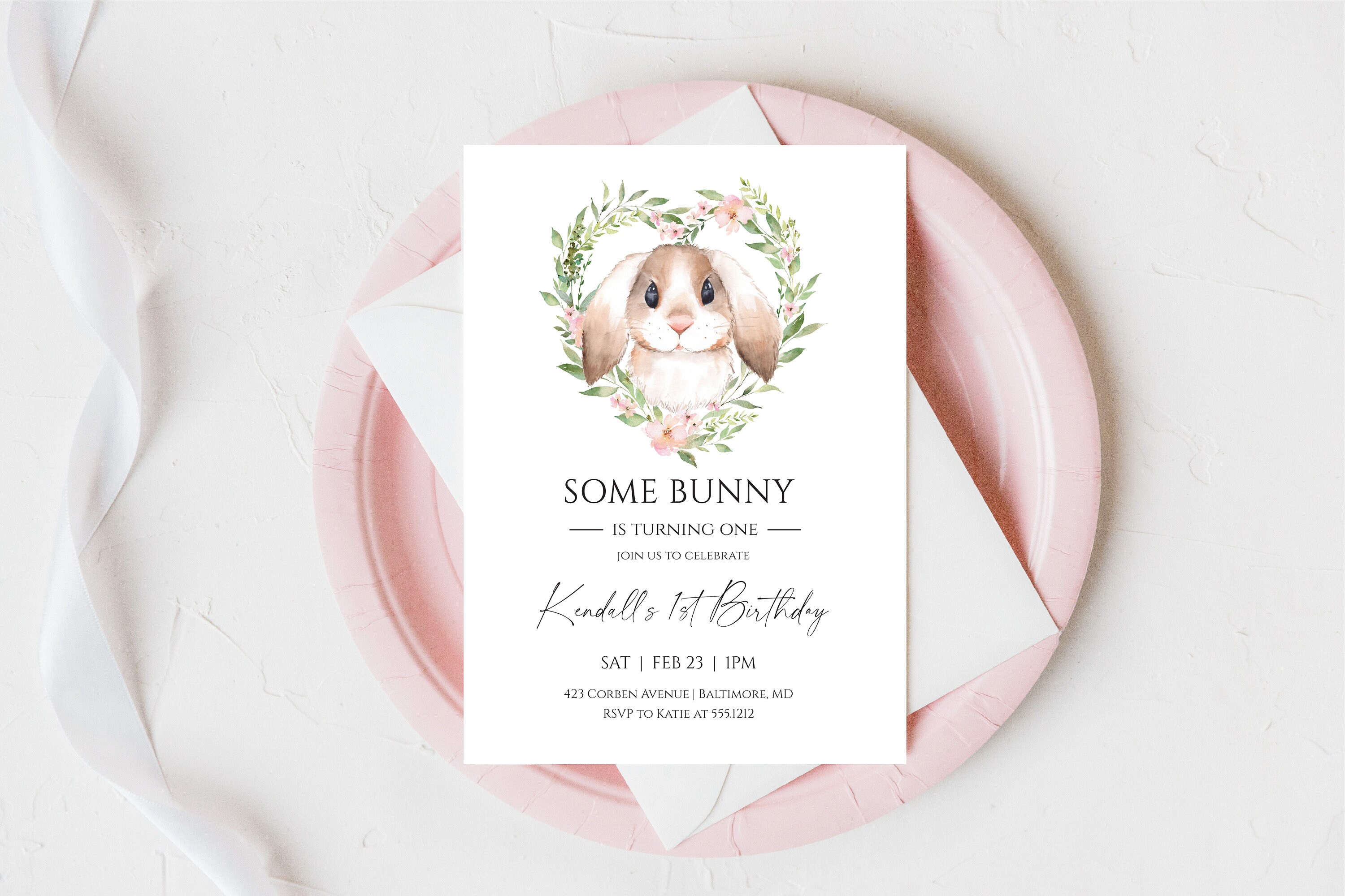 Girl Bunny Birthday Party Invitation, Floral Bunny Birthday Party ...