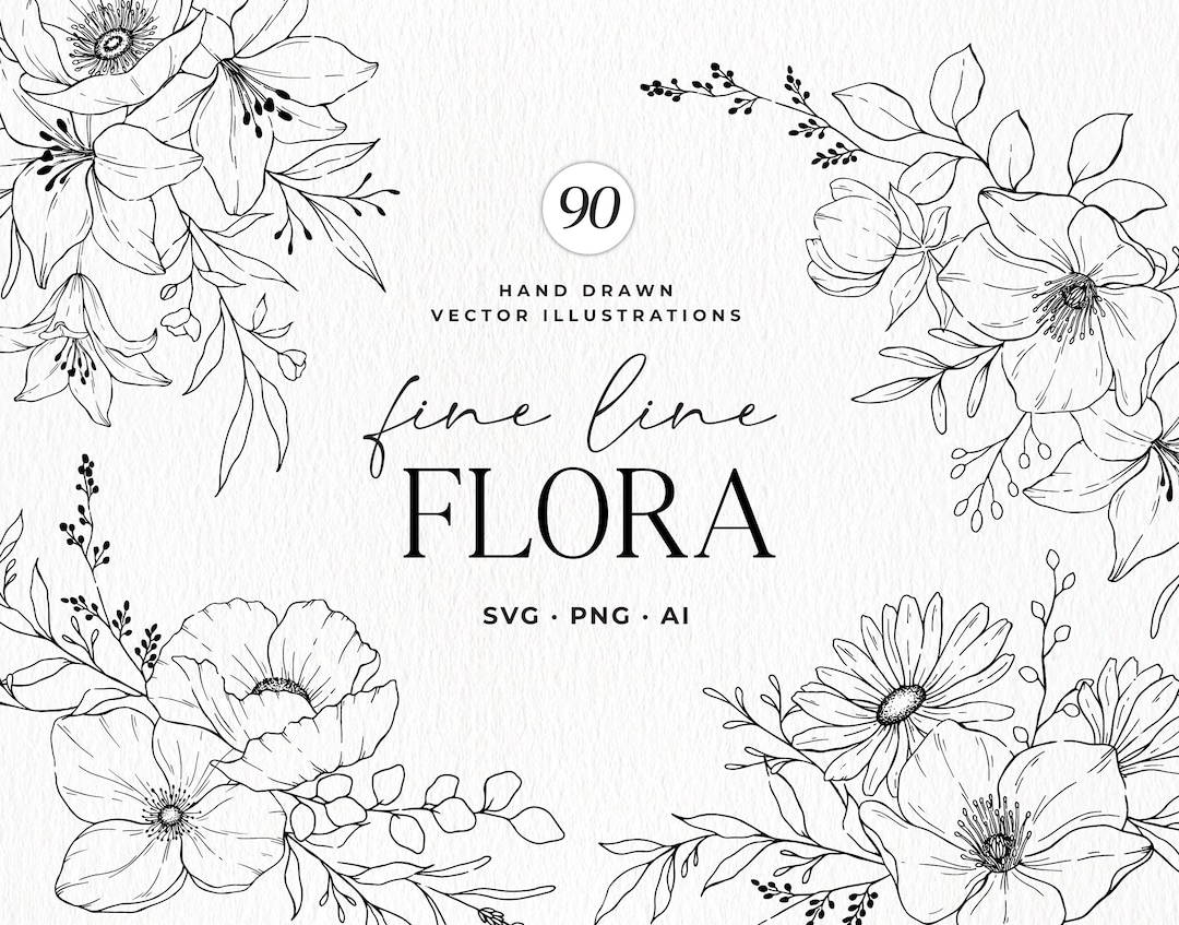 Floral Line Art, Botanical Line Art SVG, Clipart, Wedding Flowers, Hand ...