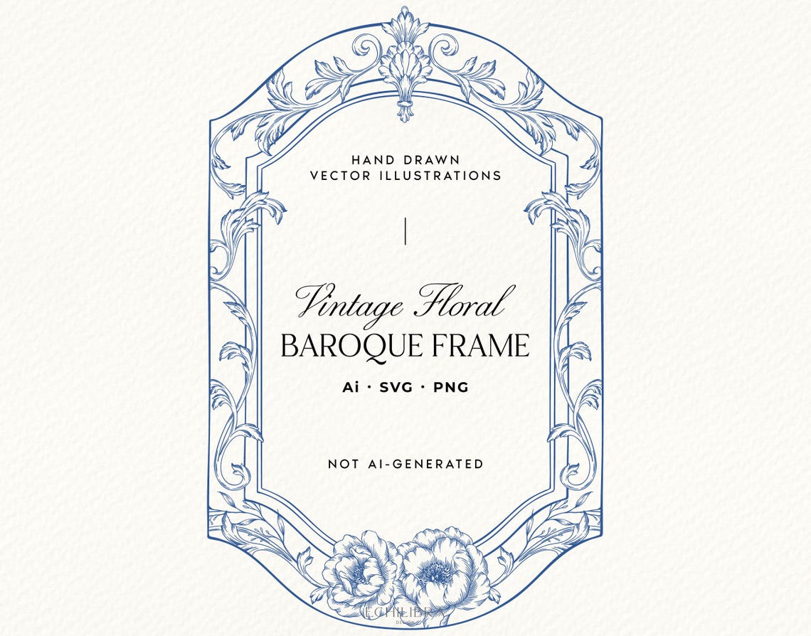 Vintage Baroque Floral Frame SVG, PNG, Wedding Ornate Design, Hand ...