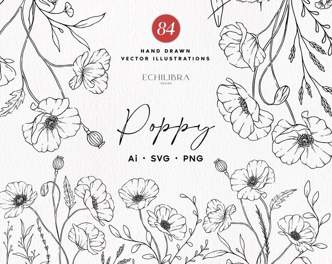 Poppy SVG, Poppies Vector, Floral Line Art Clipart, Botanical ...
