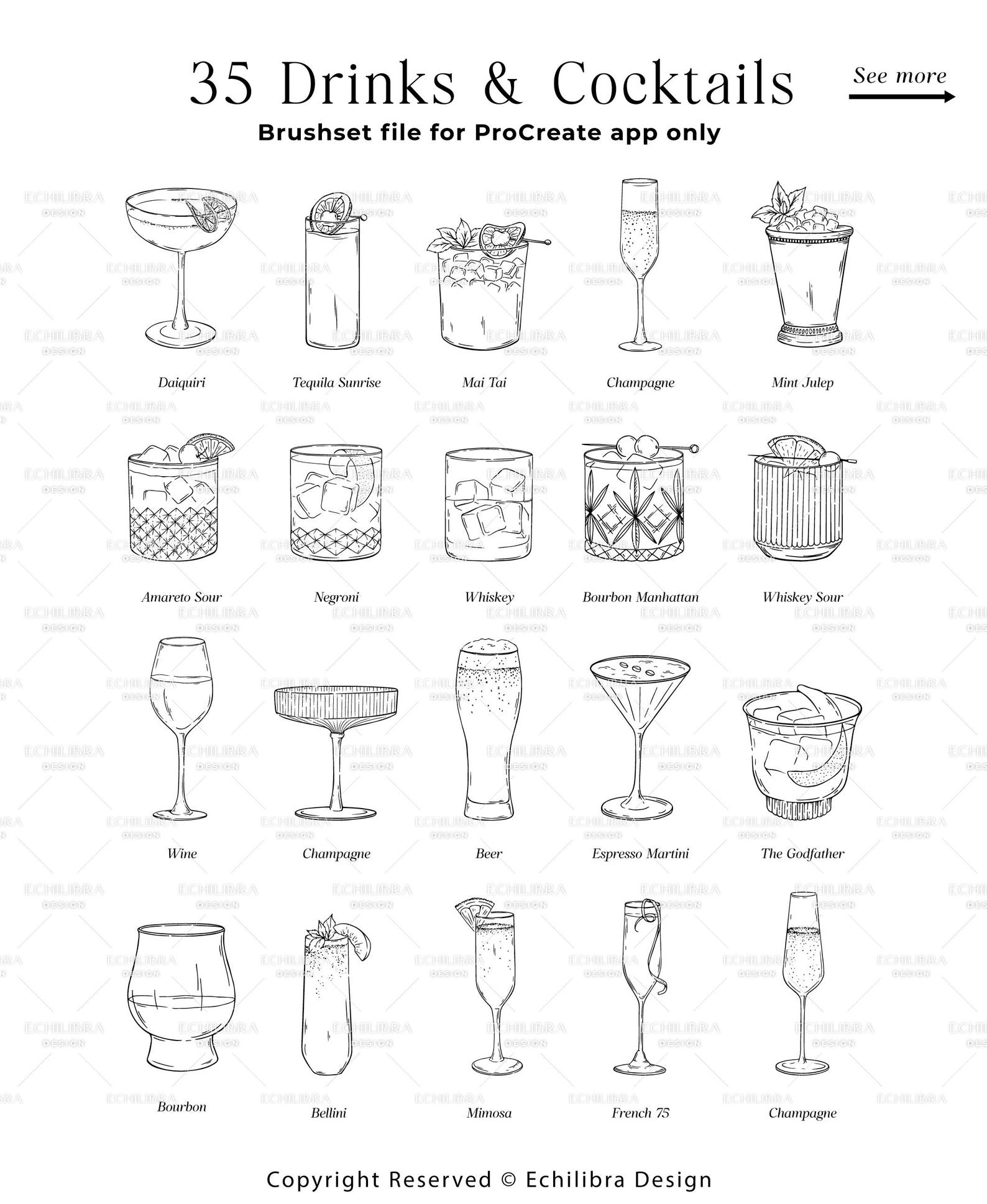 Cocktail Procreate Brush Stamps, Wedding Drink Illustrations (digital ...
