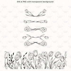 Floral Line Art Bundle, Tulips Botanical SVG, Clipart, Spring Flowers ...