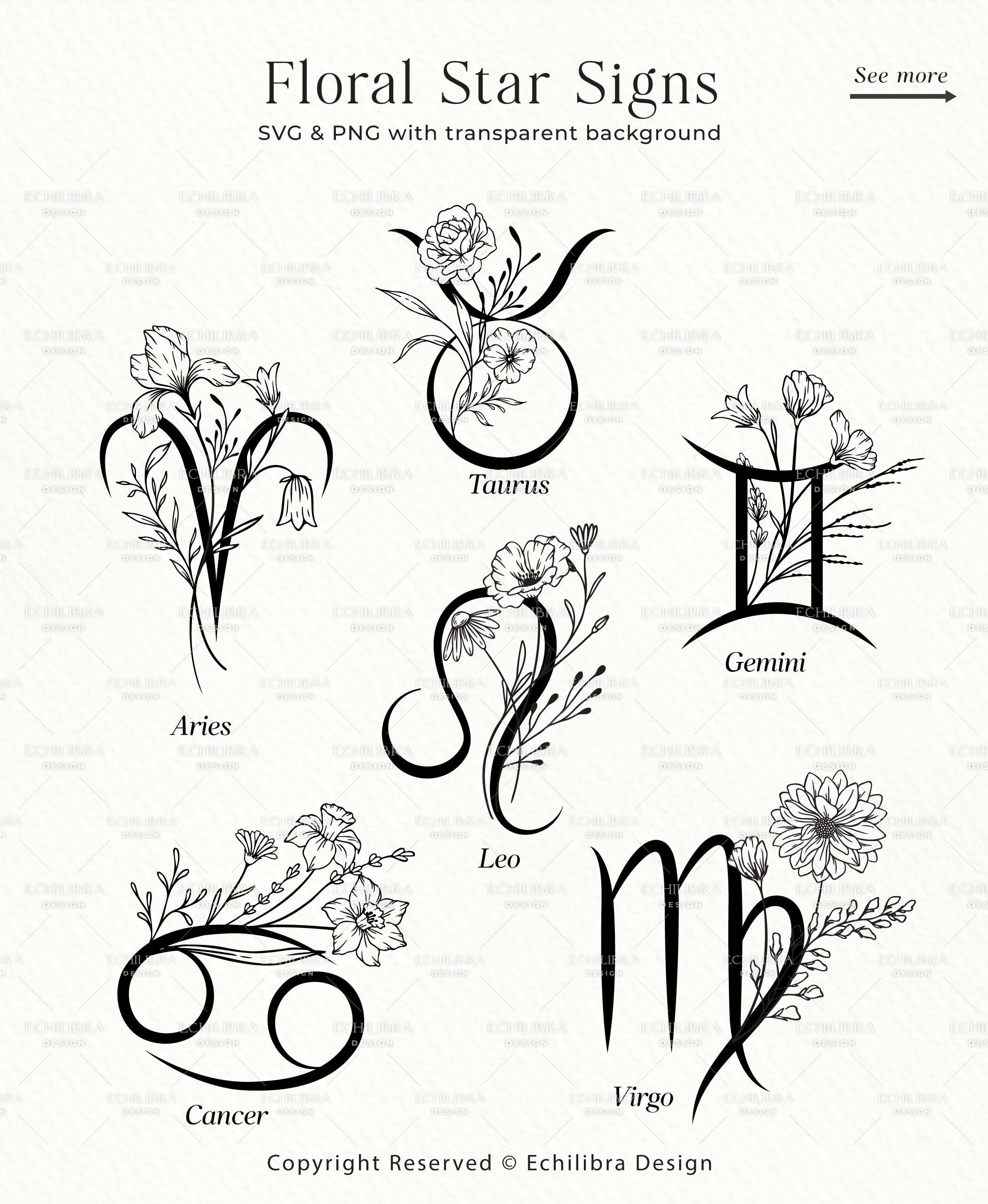 Floral Star Sign SVG, Botanical Zodiac Clipart, Hand Drawn Vector ...