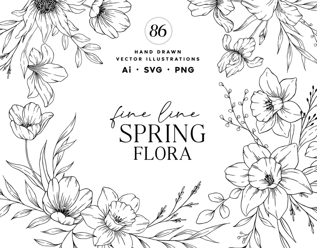 Spring Flowers Line Art, Botanical SVG Drawing, Floral Clipart, Hand ...