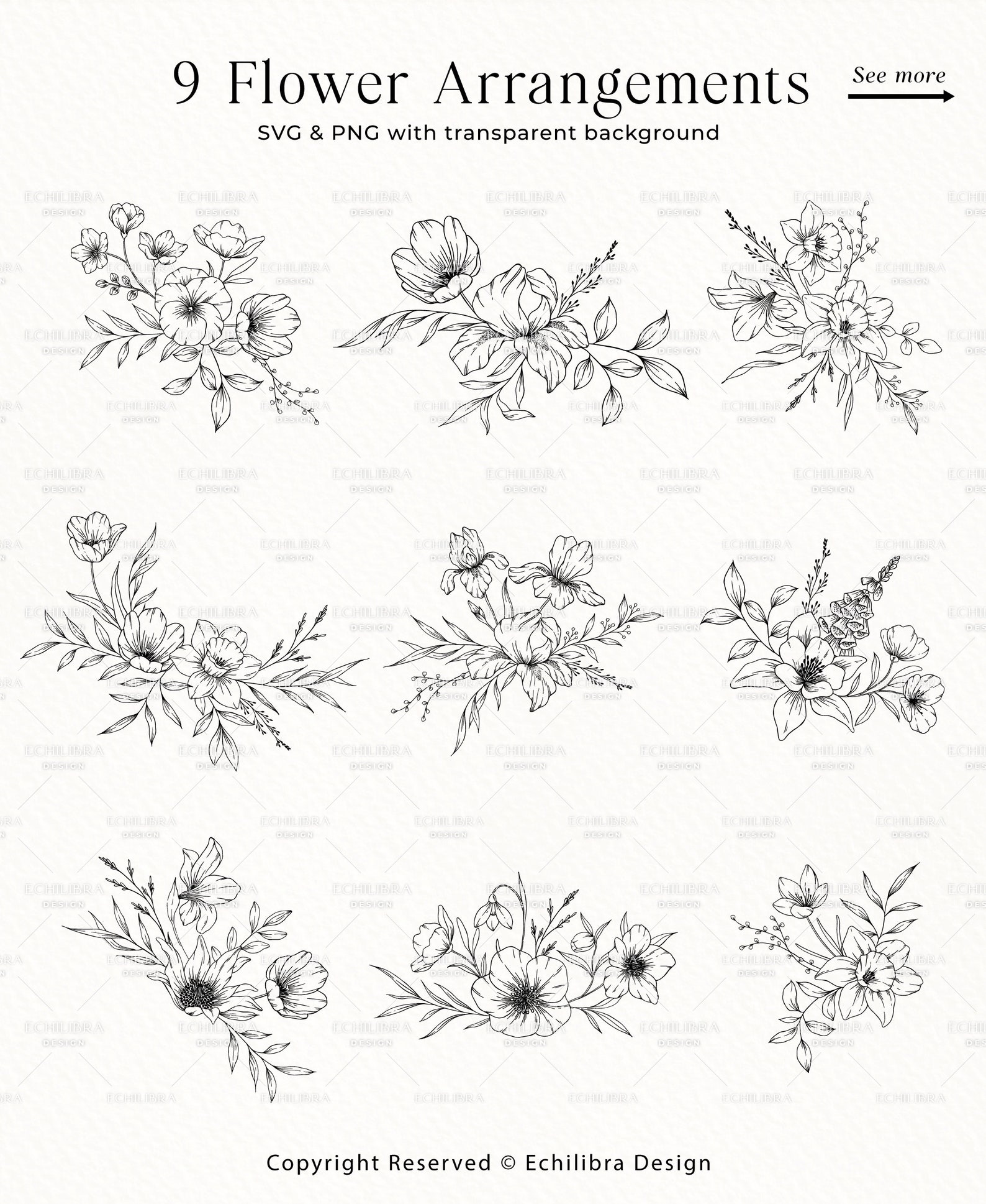 Spring Flowers Line Art, Botanical SVG Drawing, Floral Clipart, Hand ...
