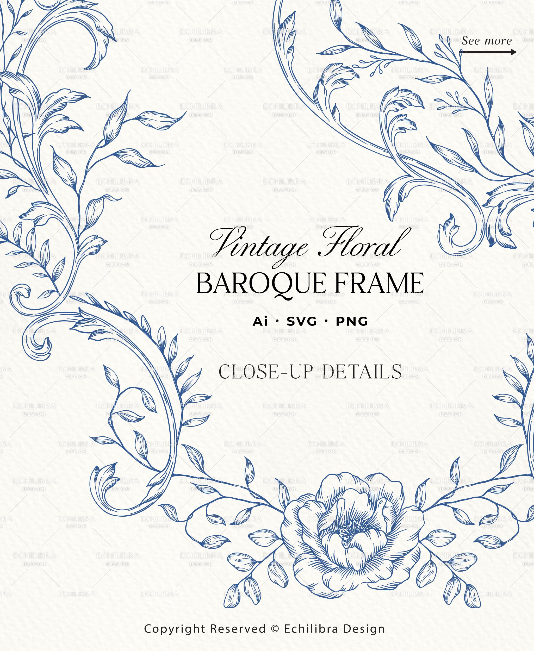 Vintage Baroque Floral Frame SVG, PNG, Hand Dawn Wedding Ornate Design ...