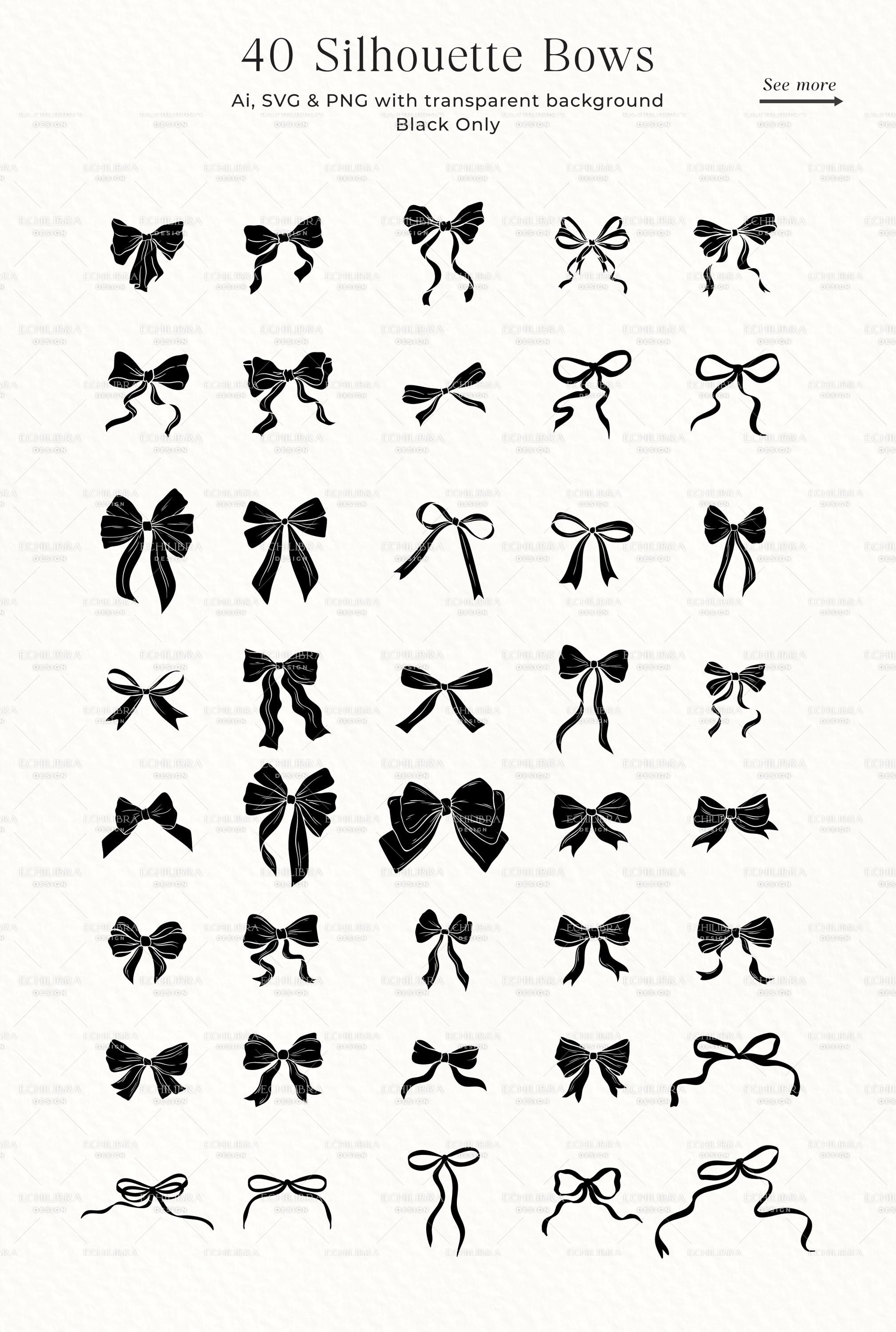 Ribbon Bow SVG Bundle, Hand Drawn Bows, Black Bows Outline PNG Clipart ...