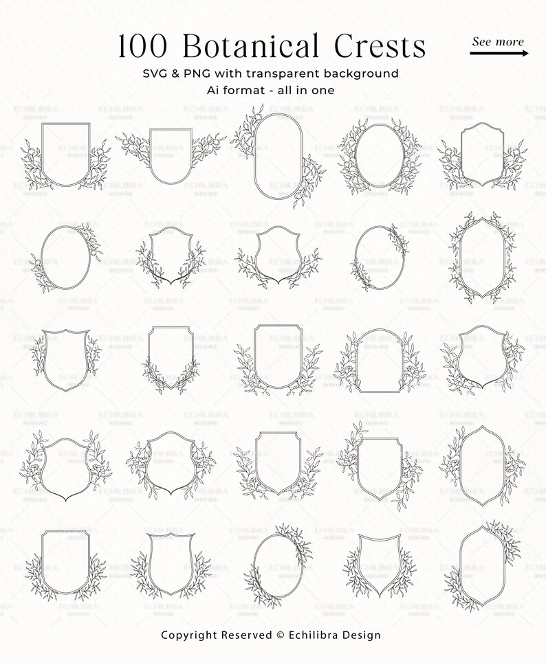 100 Botanical Crests, Hand Drawn Vector Illustrations, AI SVG PNG ...