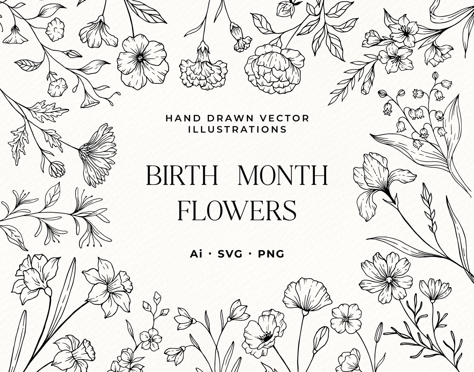 Birth Month Flowers, Hand Drawn Vector Illustrations, Clipart, SVG ...