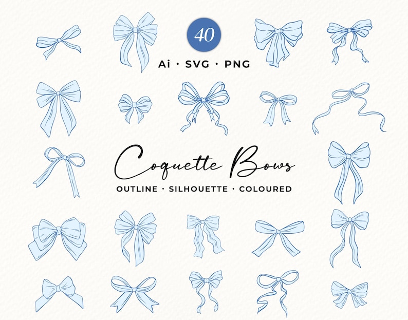 Ribbon Bow SVG Bundle, Hand Drawn Bows, Blue Bow Outline PNG Clipart ...