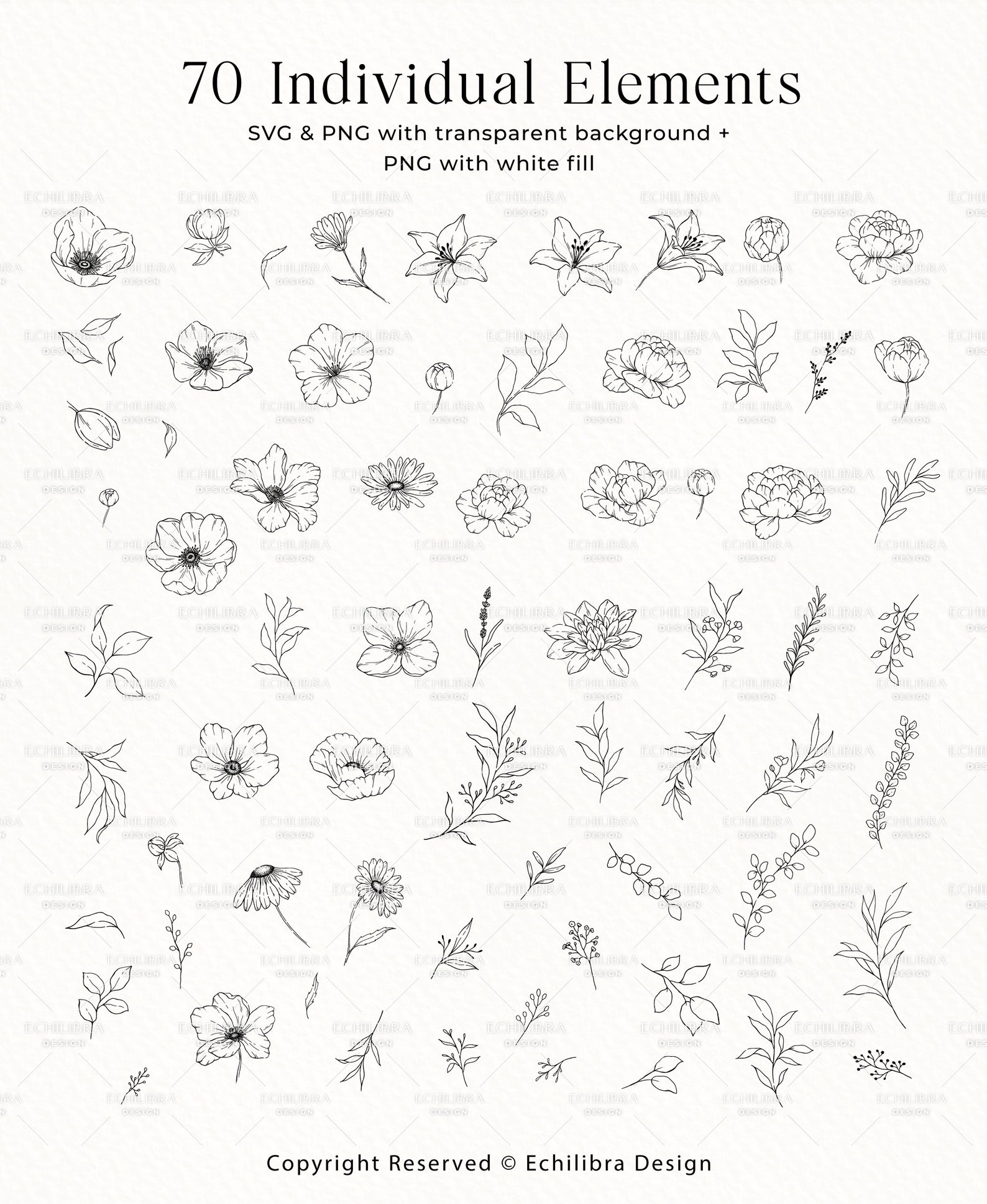 Floral Line Art, Botanical Line Art SVG, Clipart, Wedding Flowers, Hand ...